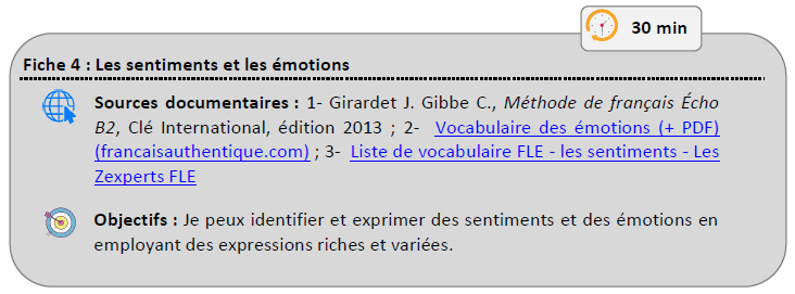 FICHES D’ACTIVITES: Fiche 4 : Les sentiments et les émotions