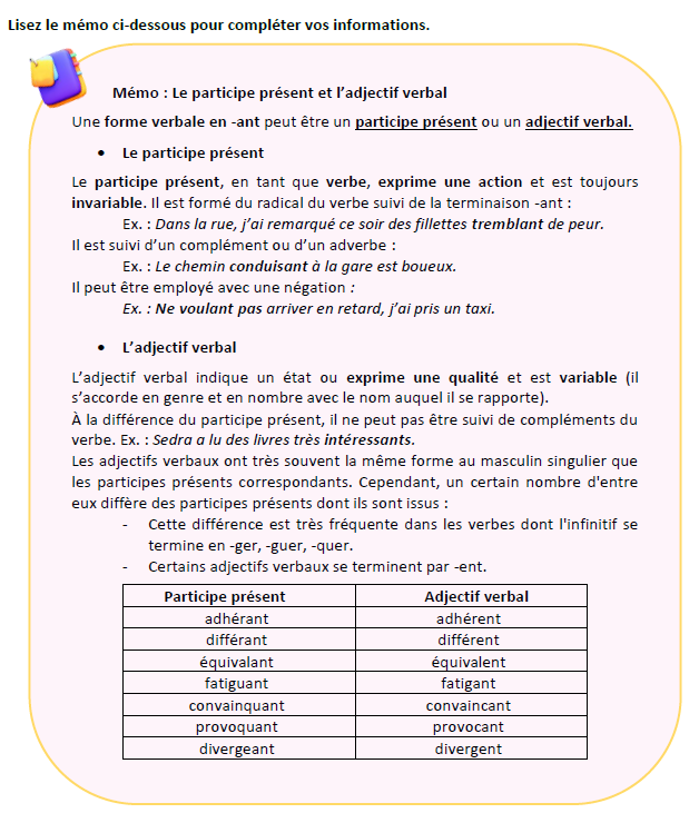 FICHES D’ACTIVITES: Fiche 12 : L’adjectif verbal et le participe présent